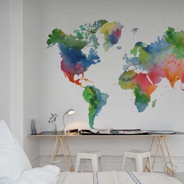 Mural Mapamundi Color Acuarela – El Taller de Carola